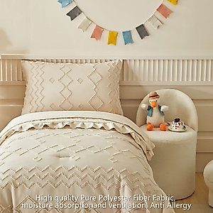 AIKASY Toddler Bedding Set 4 Pieces Super Soft Comforter Set, Shabby Boho Bohemian Design for Boys and Girls（Ruffle Fringe Comforter, Flat Sheet, Fitted Sheet and Pillowcase）- Khaki