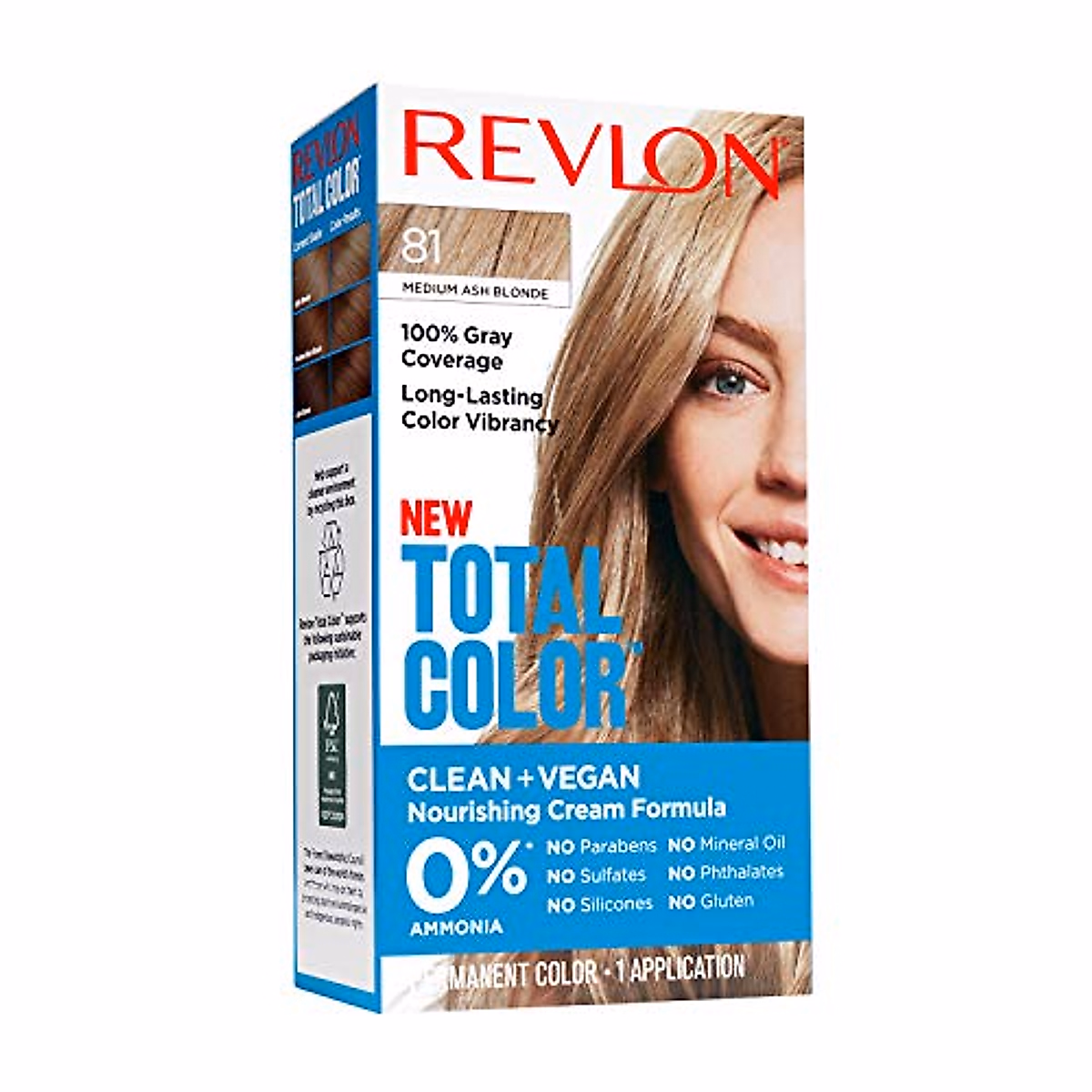 Revlon Total Color Permanent Hair Color, Clean and Vegan, 100% Gray Coverage Hair Dye, 81 Medium Ash Blonde, 3.5 oz