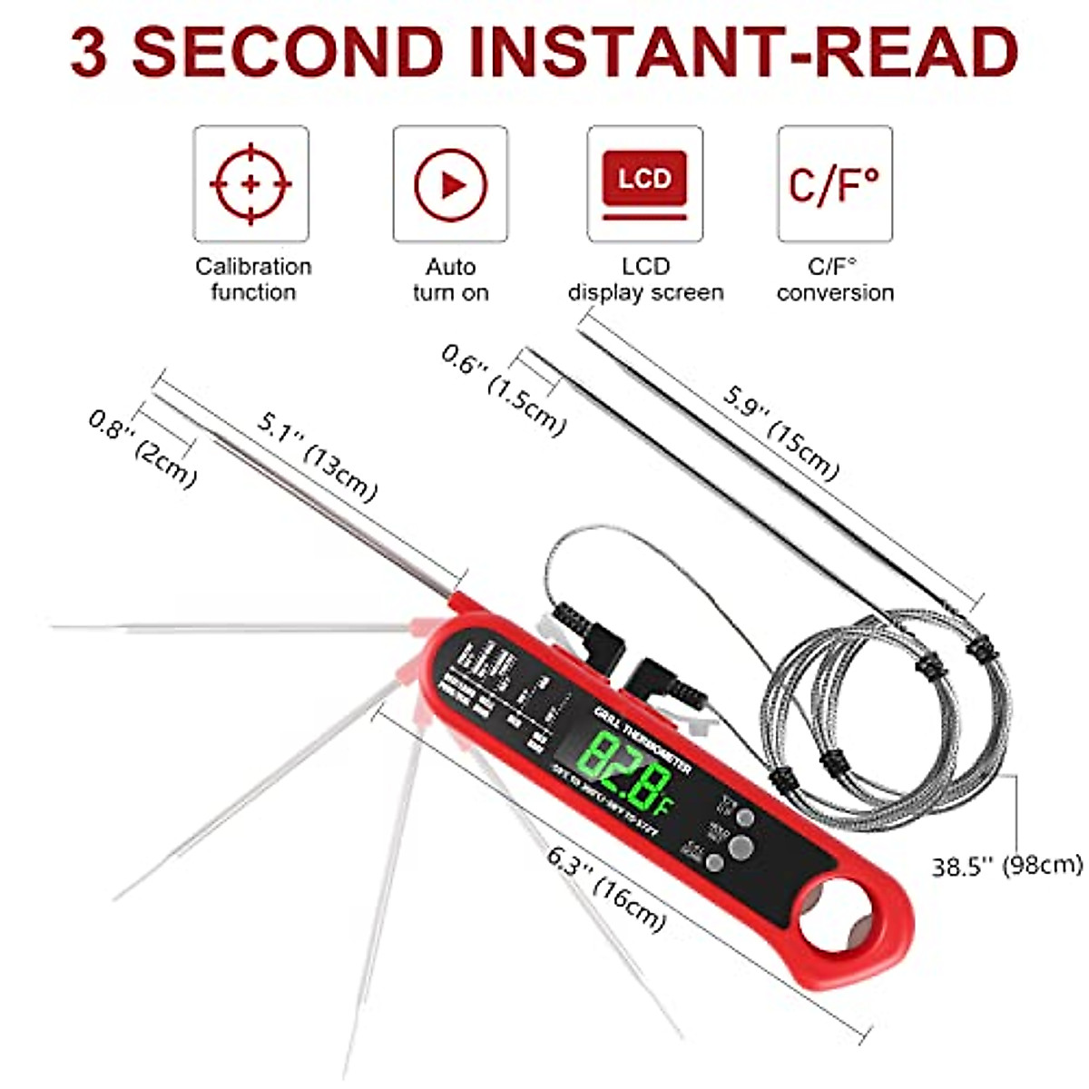 3 in 1 Digital Meat Thermometer, Instant Read Food Thermometer with 2 Detachable Wired Probe, Calibration, Alarm Function, LCD Backlight for Grilling, Cooking, BBQ, Kitchen