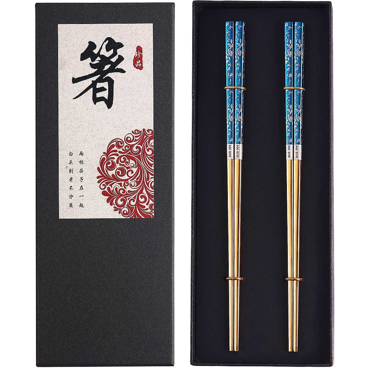 Metal Chopsticks Titanium Plated Stainless Steel Chopsticks Reusable Dishwasher safe Japanese Korean Chopstick lightweight Anti-slip Chop sticks 2 Pairs Blue Gold and 2 Pairs Black Gold Bundle Set