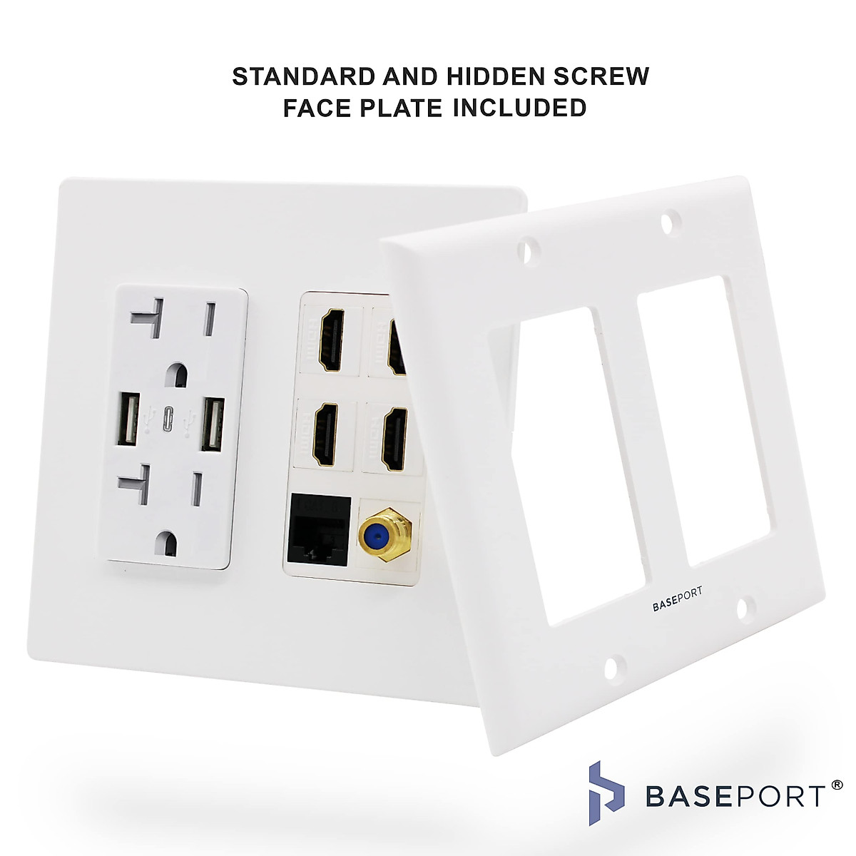BASEPORT Premium Media Outlet Wall Plate - 6.3A USB Wall Outlet 2 USB A 2.0 + 1 USB C 3.0, 20A Dual Power Outlet, 4 HDMI Keystone Jack, Coaxial + Cat6 Rj45 Ethernet Outlet - White Dual Gang Face Plate