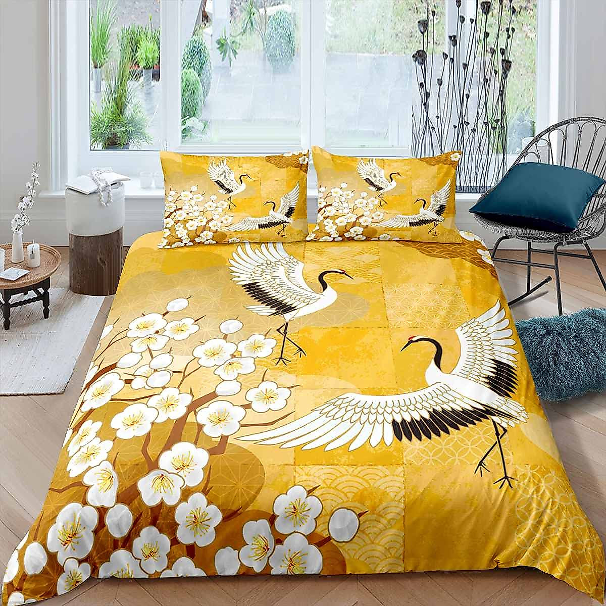 Feelyou Japanese Ukiyoe Them Bedding Set for Girls Boys Children Floral Print Comforter Cover Hokusai Pattern Duvet Cover Japanese-Style Bedspread Cover Yellow King Size 3Pcs Bedclothes