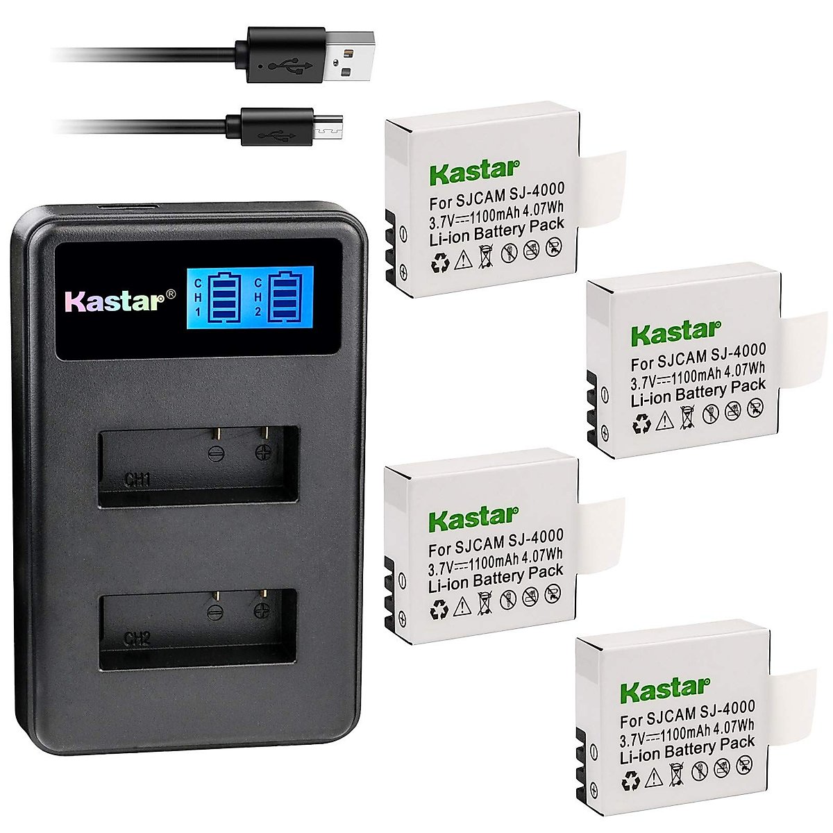 Kastar Battery 4 Pack and LCD Dual Charger for Qumox BAT-412 & SJCAM SJ500X Elite SJCAM SJ6000 SJCAM SJ7000 SJCAM SJ8000 SJCAM SJ9000 Pruveeo DV200 Waterproof Sports Action Camera with WiFi, 4K Video