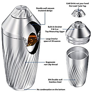 Cocktail Shaker Bar Set - Innovative Premium Vacuum Insulated Stainless Steel Drink Shaker Double Wall Margarita Mixer Jigger & Mixing Spoon Set - Martini Shaker for Home Bartender - 28oz