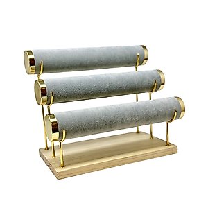 RJ Displays-Grey Velvet 3 Layer Detachable Wood Gold Hardware Jewelry Holder Organizer Display Stand Velvet Bracelet Display Stand. Comes with Micro Fiber Jewelry Cleaning/Polishing Cloth