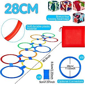 Hopscotch Game Outdoor Games for Kids 10 Plastic Rings 5 Colored and 18 Connectors 4 Bean Bags Indoor or Outdoor Game Obstacle Course for Kids Training (Circle)