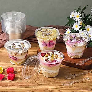 200 Pcs 9 oz Disposable Overnight Oats Jars Container with Lids and Spoons Set, Include 100 Pieces Plastic Yogurt Parfait Cups with Lids and 100 Pcs Spoons for Breakfast Snack Fruit, Veggies and Dips