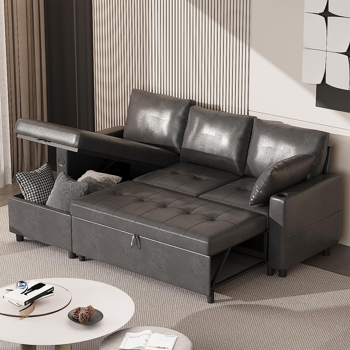 Esright Sleeper Sofa Bed Couch with Pullout Sofa Bed, Faux Leather Sectional Sleeper Sofa Pull Out Couch Bed with Storage USB & Cup Holders, Convertible Sofa Bed Couches for Living Room, Black