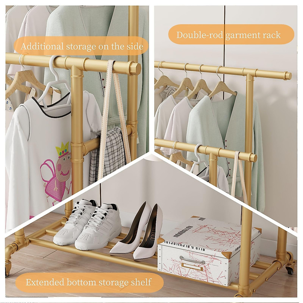 BOSURU Double-Rod Gold Clothes Racks, Industrial Pipe Clothing Rack with Wheels, Garment Rack with Shelf and 2 Side Rods, Loads up to 220 lb, for Bedroom, Clothing Store, Gold