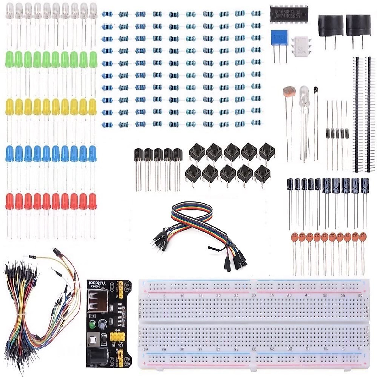 Basic Electronic Starter Kit for Arduino Breadboard Power Jumper Wires Resistors LED Power Supply Electronic Fun Kit Compatible with Arduino IDE UNO R3 Mega2560 Raspberry Pi