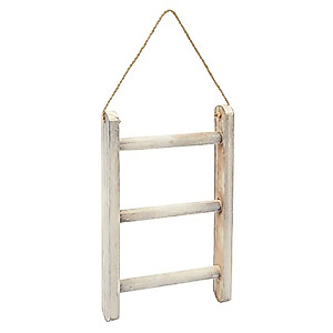 3-Tier Rustic-Style Hanging Towel Rack, Small Wooden Hanging Ladder Towel Racks for Bathroom with Rope, Vintage Bathroom Decor, Farmhouse Wall Mounted Hand Towel Holder (10x23 in, Whitewashed)