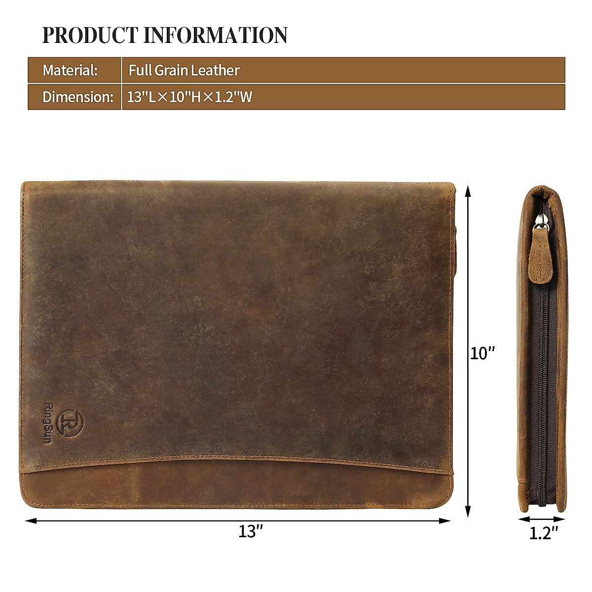 Ringsun Leather Portfolio Organizer with Zipper for Men Women, Leather Padfolio Business Resume Legal Pad Portfolio Notebook Binder for A4/Pad, Leather Folio Leather Folder, Brown