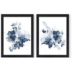 JOWOROLO Framed Blue Flower Wall Art Modern Abstract Floral Painting Wall Decor Watercolor Flowers Poster on Canvas Prints 2 Panels Botanical Artwork for Bedroom Bathroom Living Room 12x16inch