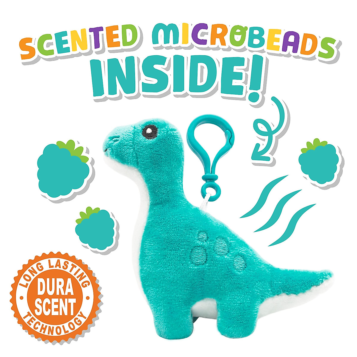 Scentco Dino Dudes Backpack Buddies - Patented Gourmet Scented Plush Toy Dinosaur Clips - Brontosaurus (Raspberry) - Stocking Stuffer