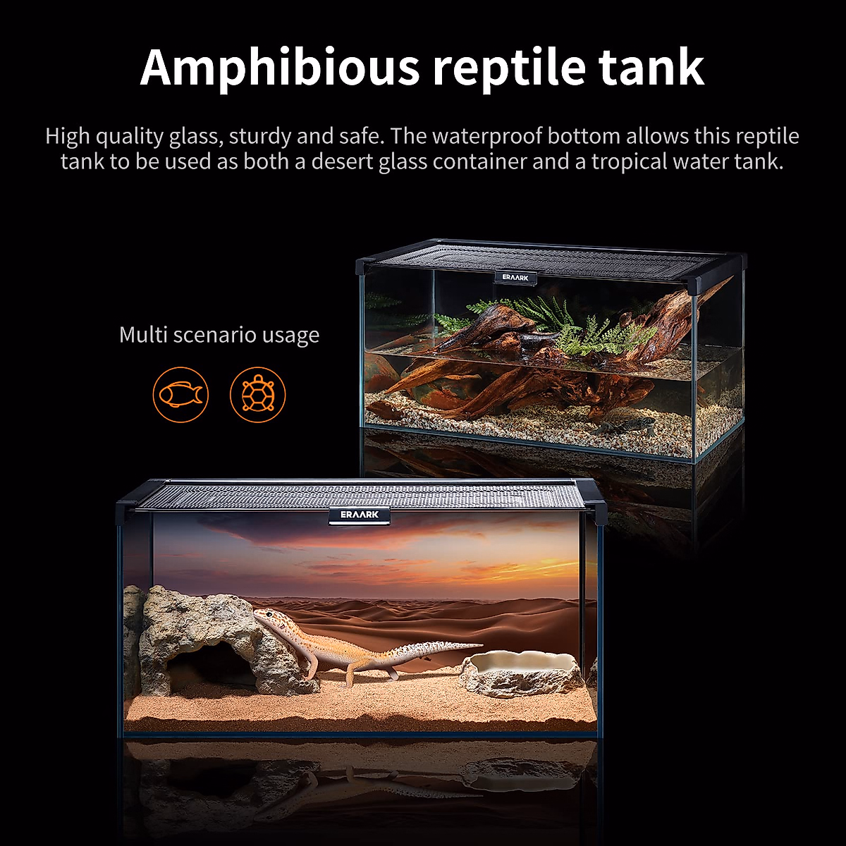 ERAARK Reptile Terrarium 4.5 Gallon Glass Reptile Tank 16"x7.8"x7" with Top Screen Ventilation,Hide Cave,Water Bowl for Bearded Dragon,Lizard,Spider,Hamster,Hermit Crab, Turtle Tortoise