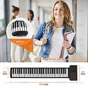 Roll-up Piano 61 keys,Electronic Hand Roll Portable Piano with 128 Unique Tones and Built-in Speaker, Upgraded Waterproof Silicone Fold able Piano Keyboard for Beginners and Kids