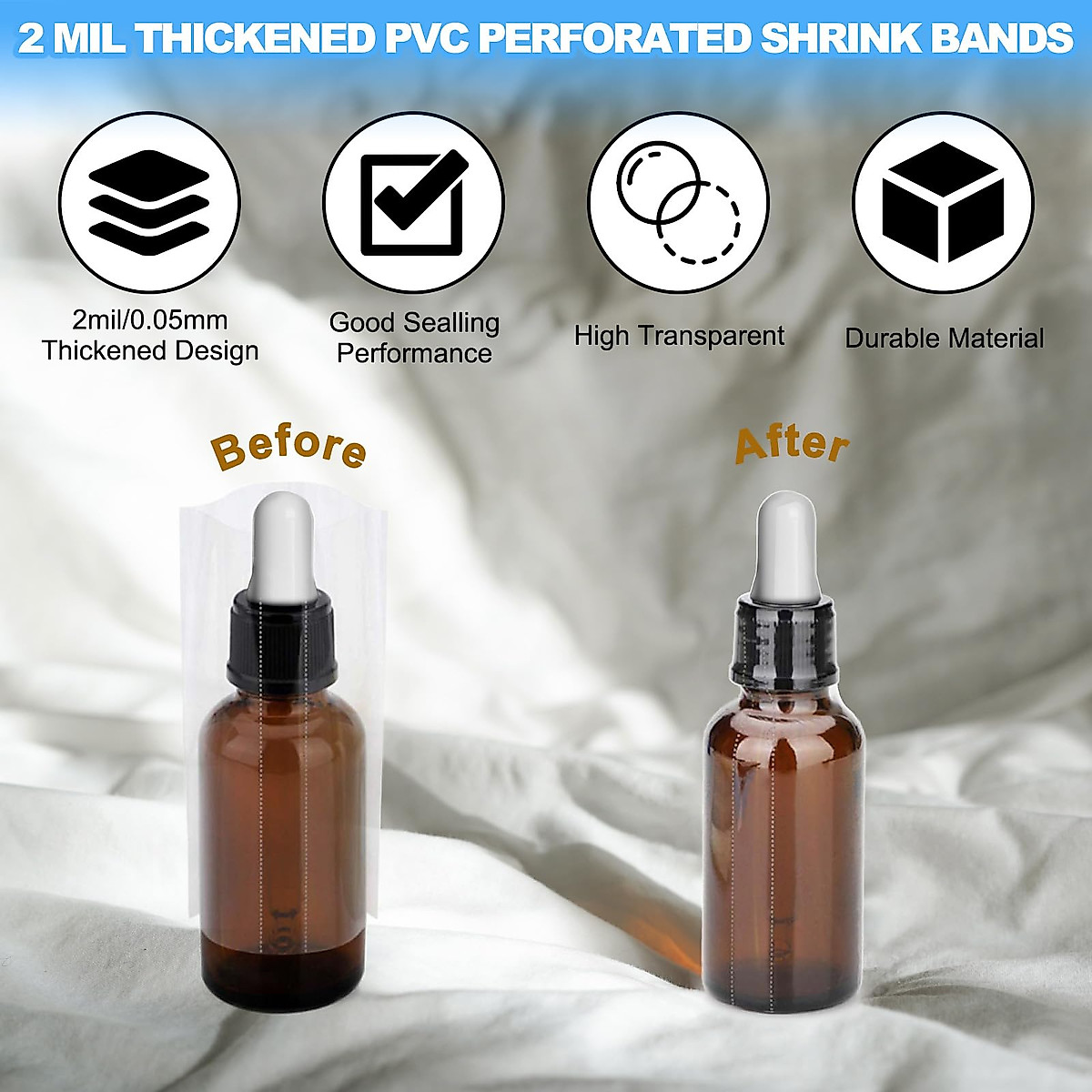 PATIKIL 115x56mm PVC Perforated Shrink Bands, 100Pcs 0.05 mm/2 Mil Thickened Heat Shrink Seal Wrap Fit for 2.5"-2.75" Cap Diameter Essential Oil Bottles Jars Cans Tin, Clear