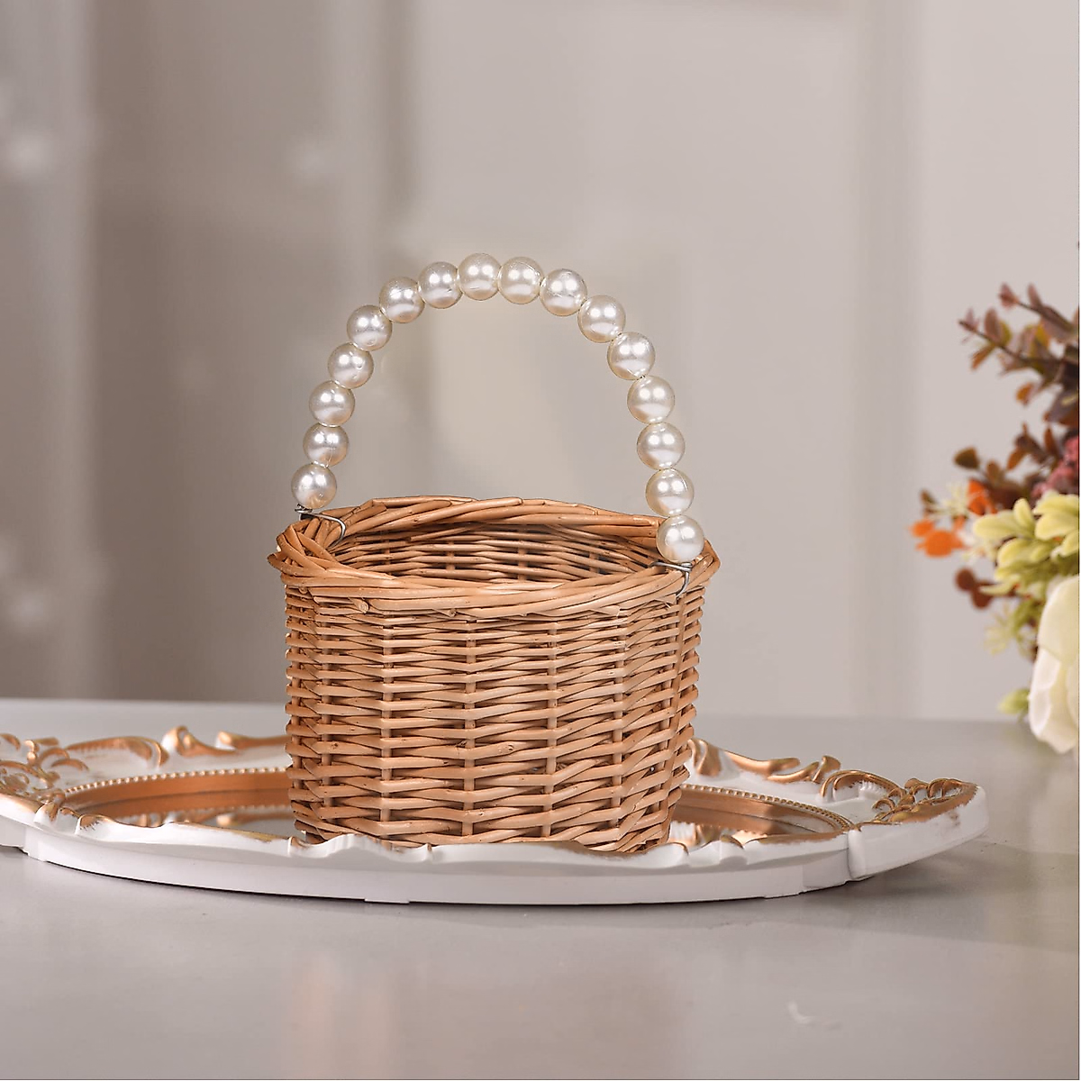 BETAULIFE Wicker Rattan Flower Girl Basket,Pearl Handle Flower Girl Basket,Wedding Flower Girl Basket and Home Decorations.