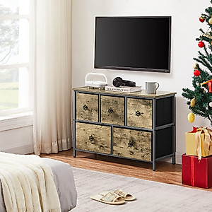 VECELO Dresser for Bedroom with 5 Drawers, Wide Chest of Drawers for Living Room, Nursery, Entryway, Fabric Furniture Clothes Storage Tower with Steel, Wood Top