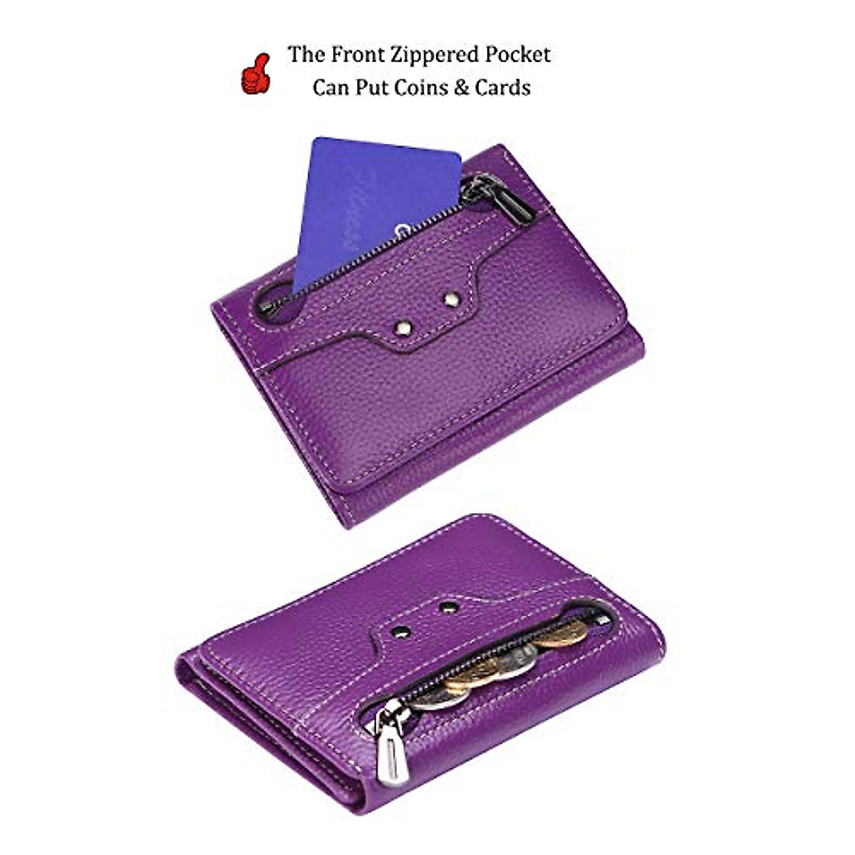 AINIMOER Small Leather Wallet for Women, Slim Compact Credit Card Holder RFID Blocking Wallets Organizer with Coin Pocket, Lichee Purple