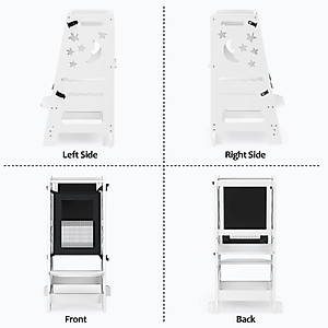 TOETOL Bamboo Toddler Kitchen Stool for Kids Step Stool - White Little Helper Tower Adjustable Height with Learning Black & White Activity Board1