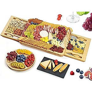 Bamboo Cheese Board Set with Marble, Large Charcuterie Boards and Knife Set, Cheese Platter with 2 Drawers, Include Round Fruit Cheese Platter, Meat and Cheese Cutting Board Housewarming Gift