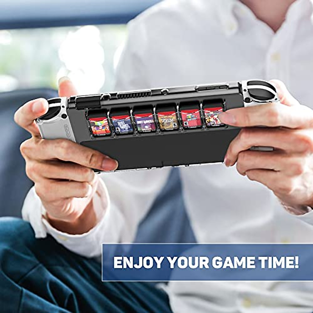 MoKo Case Compatible with Nintendo Switch OLED Model 2021, PC Protective Accessories Cover Case with 6 Game Card Slots and 6 Thumb Caps & 2 Tempered Glass Screen Protectors, Clear+Blue