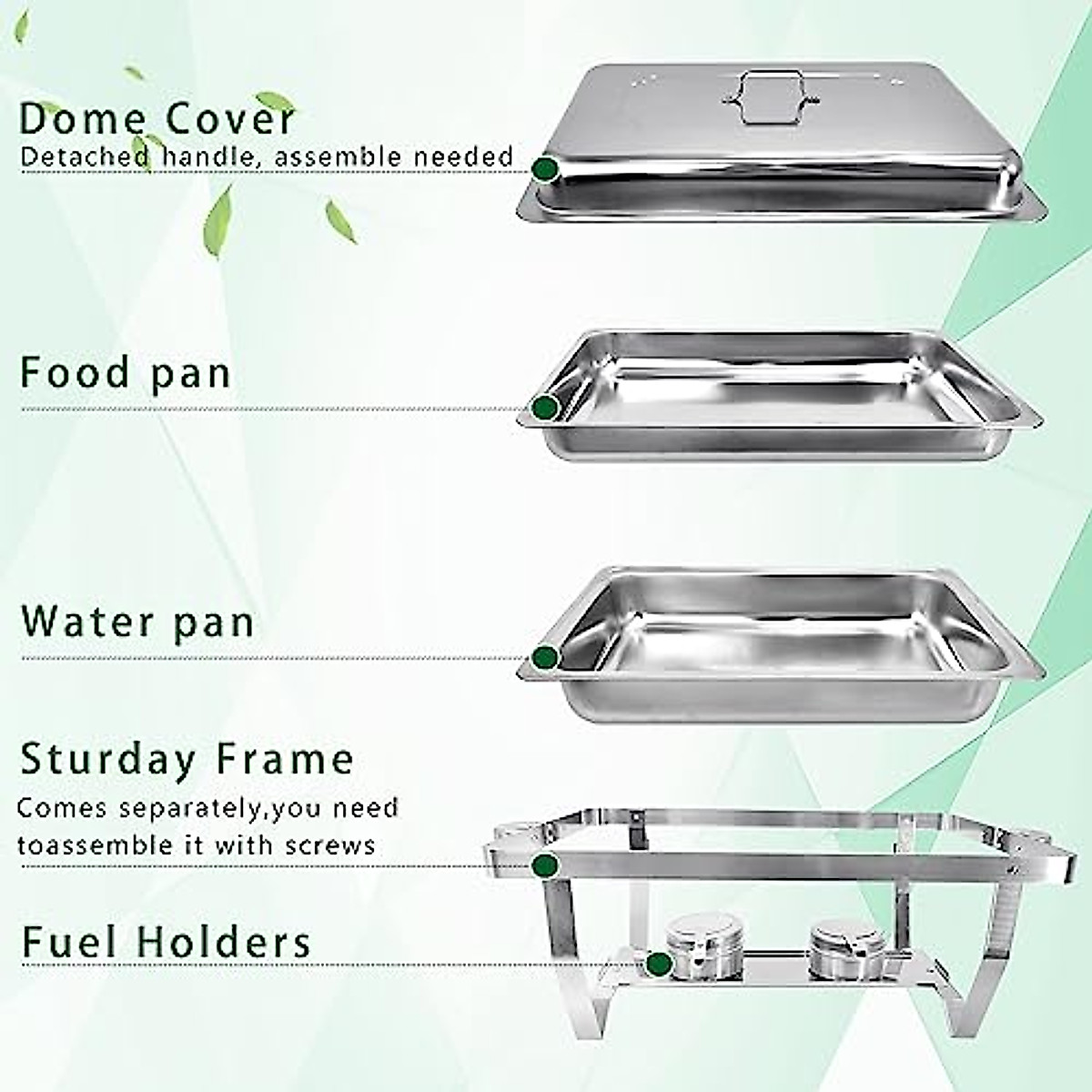 EVGTTI 4 Pack Chafing Dish Buffet Set, 8QT Stainless Steel Rectangular Chafers and Buffet Warmer Sets for Catering, with Food & Water Pan, Lid, Foldable Frame, Fuel Holder