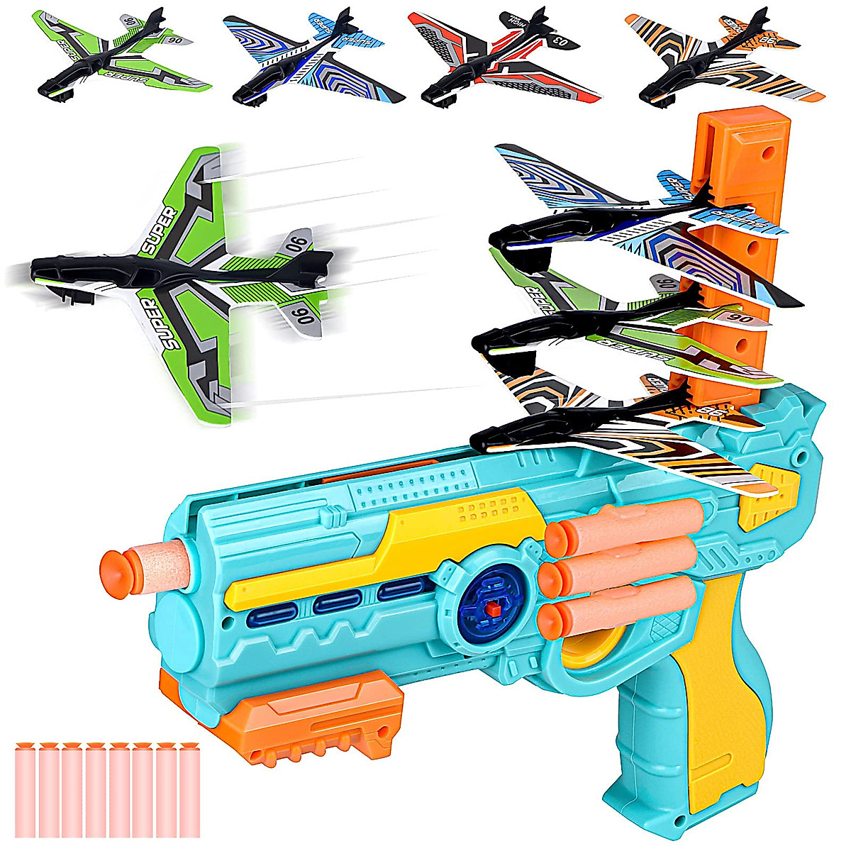 FFHAOYHAO Airplane Toy Bubble Catapult Plane for Kids One-Click Ejection Foam Planes Blaster with 8 Glider Foam Planes, 8 Foam Darts, Outdoor Launcher Toys for 3 4 5 6 7 8 Years Old Boys