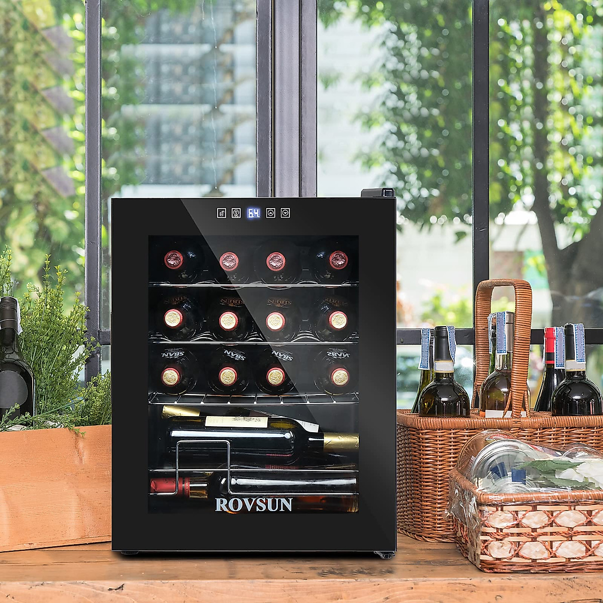 16 Bottle Wine Fridge, Freestanding Compressor Cooler Refrigerator, Beverage Wine Cooler Chiller with Digital Temperature Control & Double-layer Glass Door for Red White Wine, Champagne, Beer