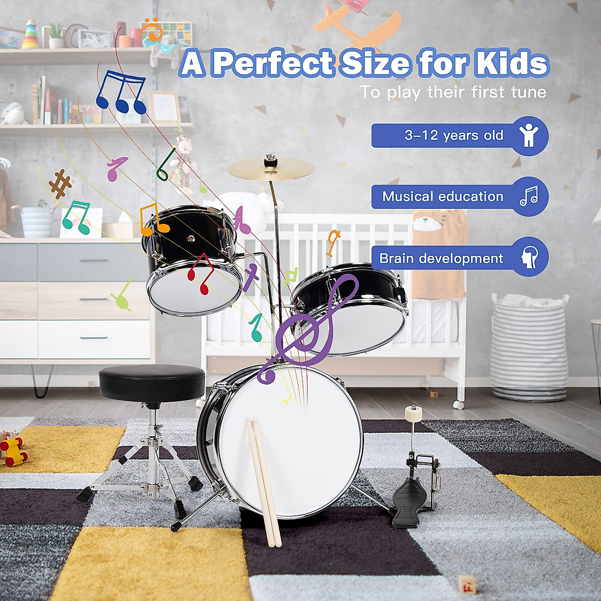 COSTWAY Kids Drum Set, 16” Junior Drum Kit with Bass/Snare/Toms/Floor Drum, Hi-Hat, Cymbal, Pedal, Seat, Drumsticks, 3 PCS Children’s Beginner Drum Instrument for Age 3-12 (Black)