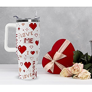 Nqhsionv Valentines Tumbler with Handle 40 oz 5D Pixel Style Love Hearts Coffee Travel Mug Stainless Steel Insulated Cup Valentines Anniversary Wedding Birthday Gifts for Women