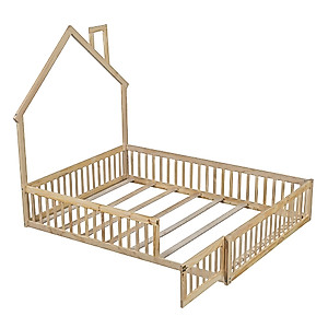 NUGYK Wood Full Size House Platform Bed with Guardrail, Solid Wood Floor Bed Frame with House-Shaped Headboard for Kids, Strong Sturdy Slats Support, Space-Saving Natural