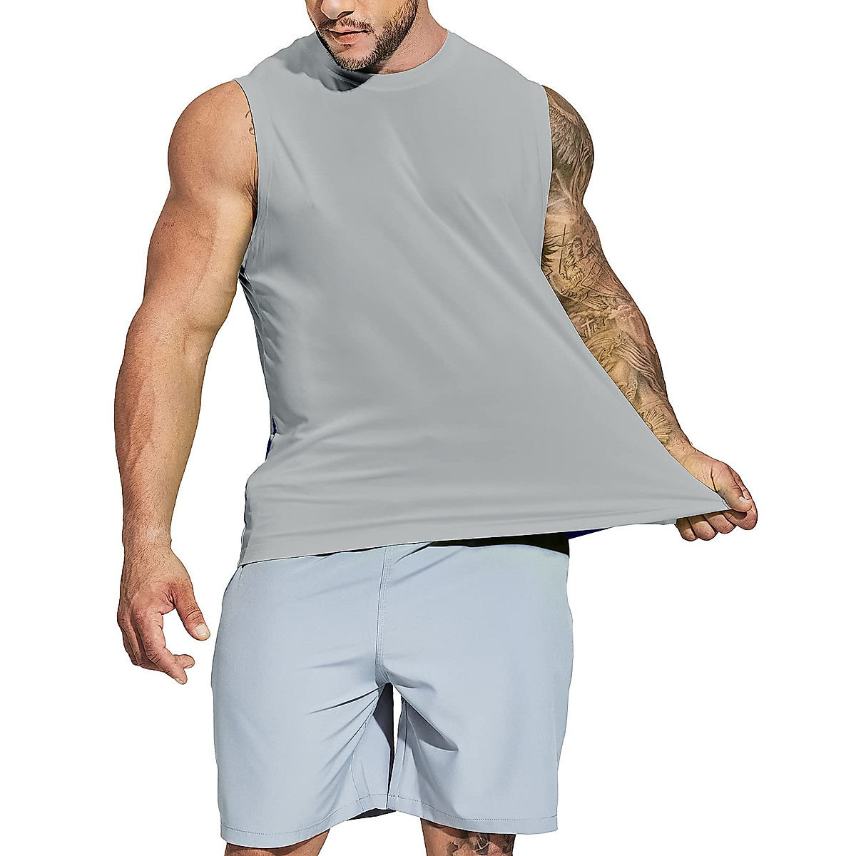 MIER Men's Lightweight UPF 50+ Sleeveless Bodybuilding Tank Tops Breathable Fishing Hiking Shirts UV-Proof Ultralight Workout Muscle Tee, Black/Navy/Light Gray, L