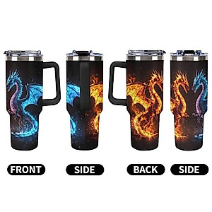 Fire And Blue Dragons Insulated Tumblers with Handle Stainless Steel Coffee Mug Funny Travel Cup with Lid Straw 40oz
