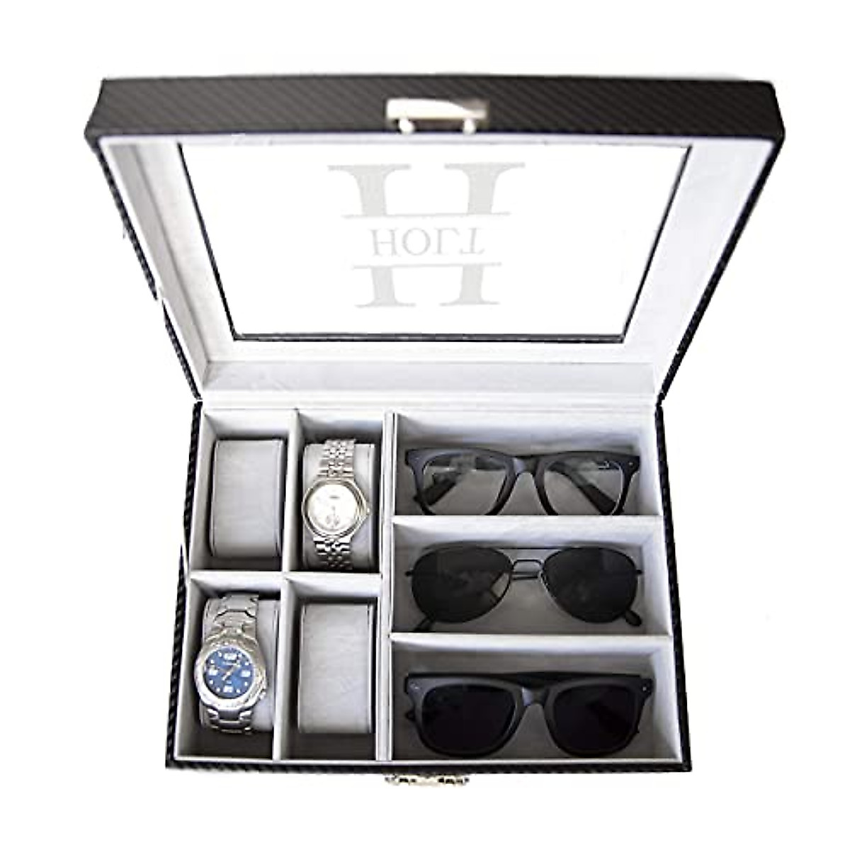Personalized Engraved Watch Box Organizer for Men with Sunglasses Holder (Set of 5, Stamped Design), Monogrammed Jewelry Box - Unique Groomsmen Gifts for Wedding