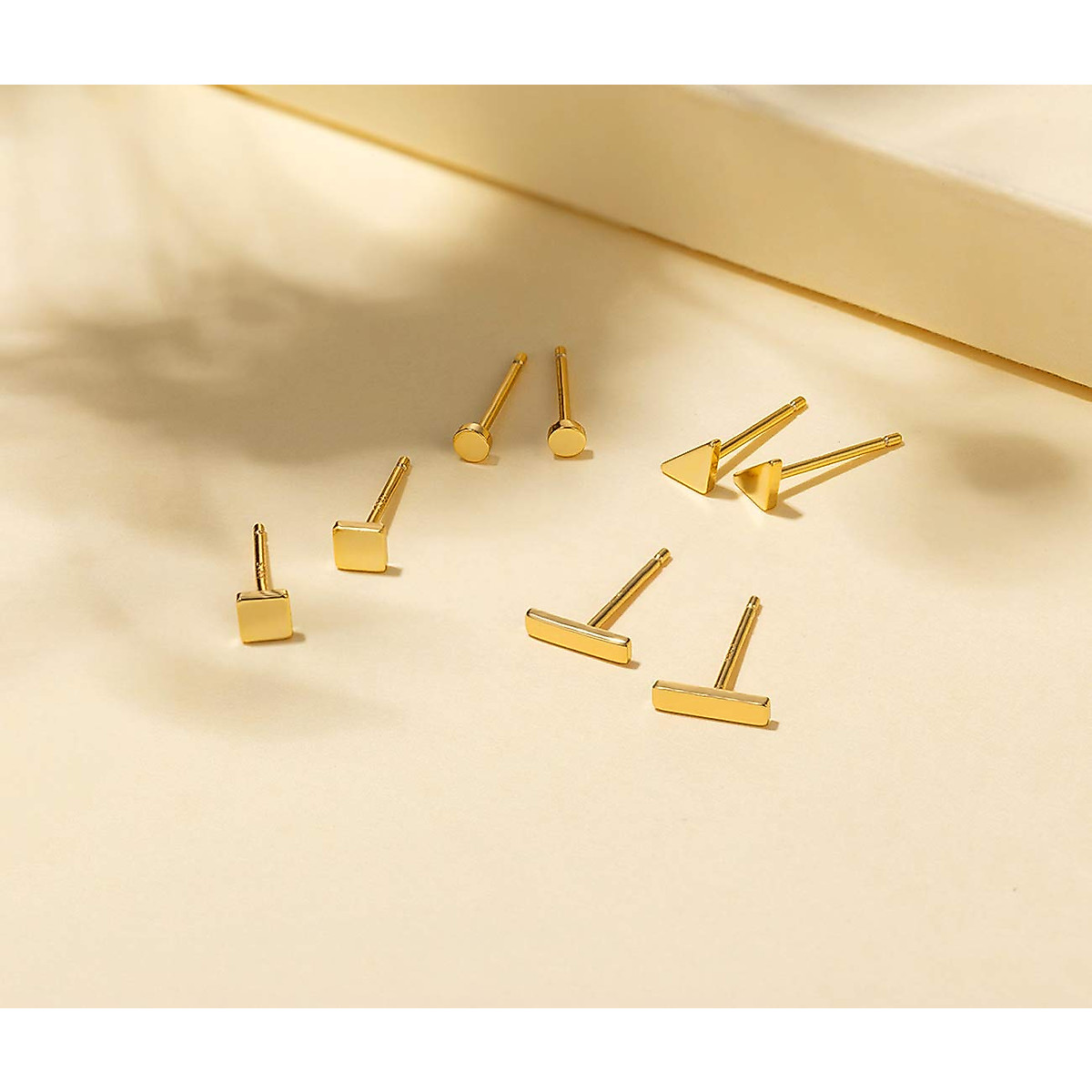 Sterling Silver Stud Earrings for Women Men- 4 Pairs of Hypoallergenic Simple Geometric Small Stud Earring Set Tiny Circle Triangle Square Bar Stud Earrings Mini Cartilage Tragus Earrings(Gold)