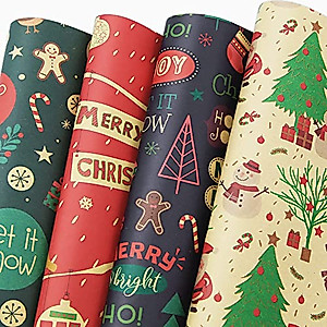 Christmas Wrapping Paper, Gift Wrapping Papers, 20 x 28 inches per sheet, Santa Snowmen Deer Bell Tree Kraft Wrapping Paper for Family Friends Kids lovers on Christmas or Birthday(4 Designs 12 sheets)