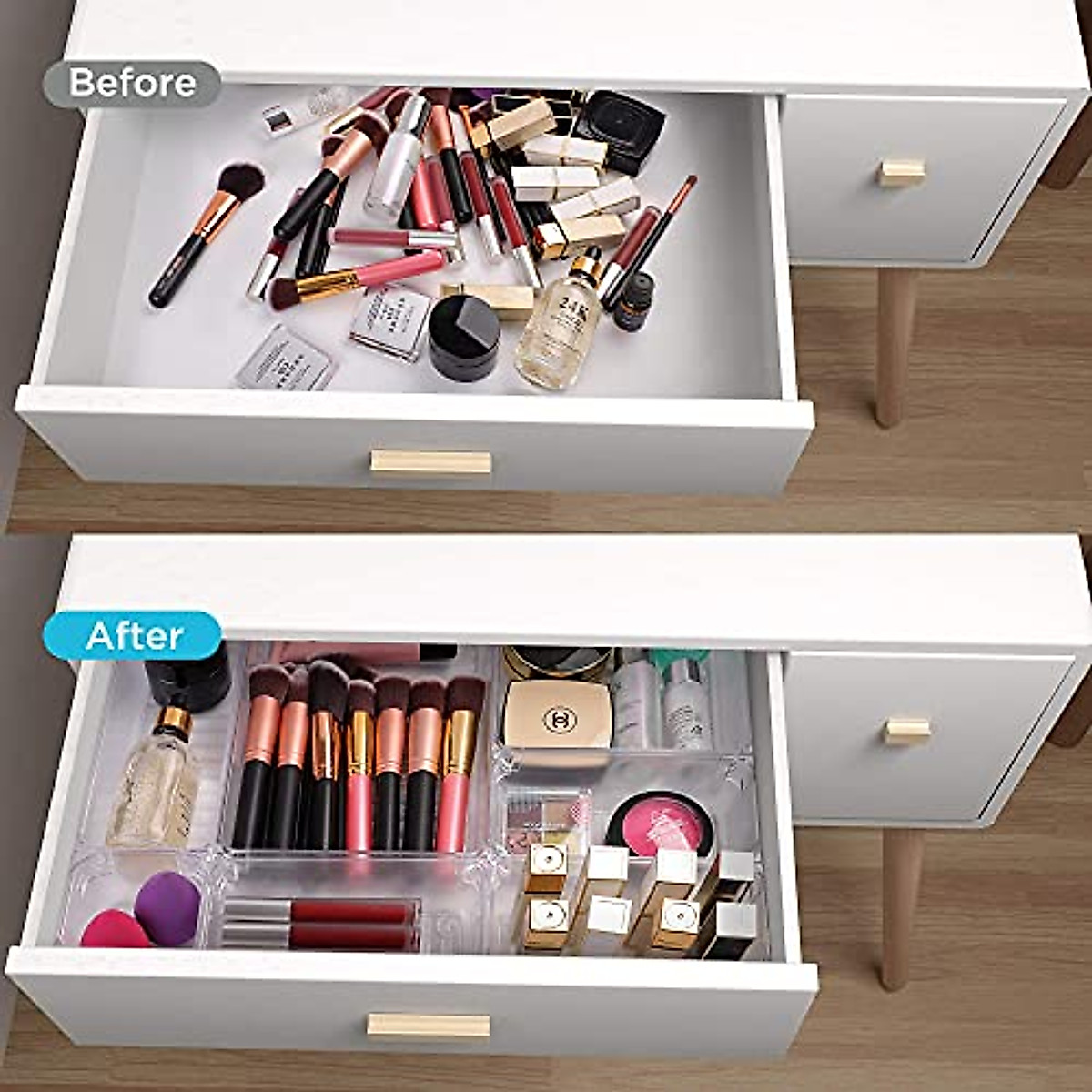Puroma 24Pcs Desk Drawer Organizer 5-Size Versatile Vanity Desk Drawer Storage Bins and 31Pcs Desk Drawer Organizer Trays, Drawer Organizers Bathroom Drawer Dividers for Makeup, Jewelries and Gadgets