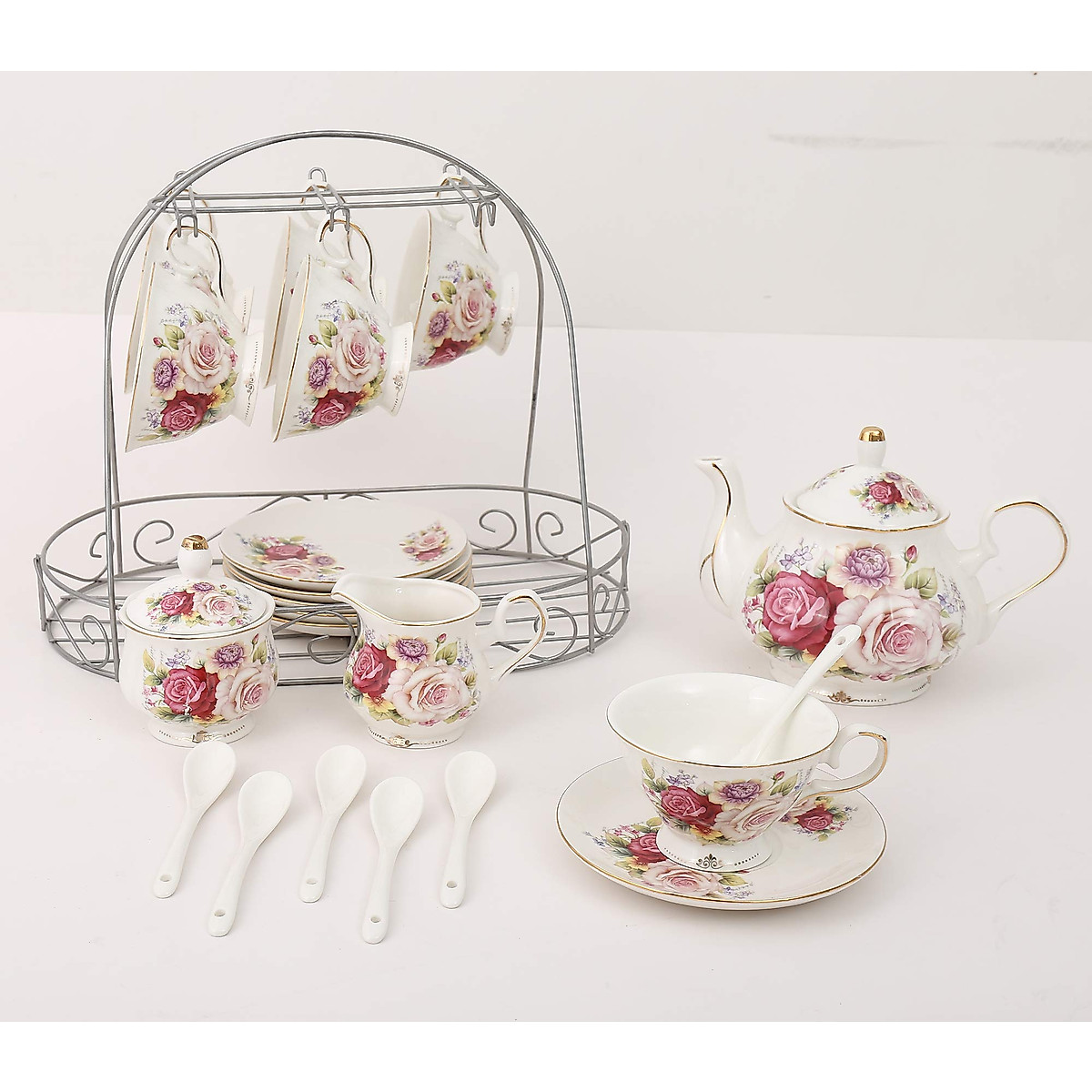 ufengke 15 Piece European Ceramic Tea Sets,Bone China Coffee Set with Metal Holder,Colorful Rose Painting Pumpkin Coffee Tea Pot