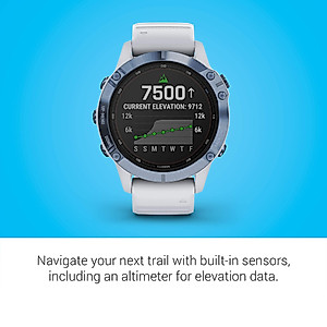 Garmin fenix 6 Pro Solar, Multisport GPS Watch with Solar Charging Capabilities, Advanced Training Features and Data, Mineral Blue with White Band