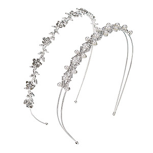 Pangda 2 Pieces Rhinestone Bridal Crystal Women's Headband Wedding Flower Girl Pearl Diamond Slim Thin Silver Flower Leaves Crown Hair Band Accessories Headpiece Tiara for Bride Bridesmaids