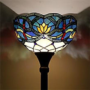 WERFACTORY Tiffany Floor Lamp Blue Lotus Flower Stained Glass Light 12X12X66 Inches Pole Torchiere Standing Corner Torch Uplight Decor Bedroom Living Room Home Office S220 Series