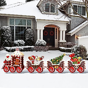 4 Pieces Christmas Decorations Outdoor Yard Train Lawn Sign Gingerbread Santa Snowman Heart Yard Sign with 8 Yard Stakes for Outdoor Christmas Decorations (Warm Style)