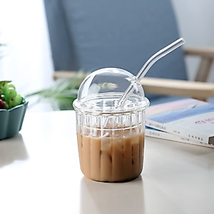 Plcnn Drinking Glasses with Glass Dome Lid and Straw Reusable Wide Mouth Smoothie Cups 15oz Glass Coffee Iced Cup Tumbler Glass Bubble Tea Cup for Coke Soda Home Office Bar