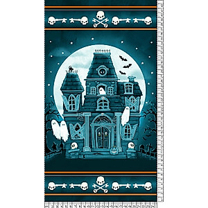 Henry Glass Welcome Foolish Mortals 24.5" Haunted House Panel Glow in The Dark Dark Teal, Fabric by The Panel