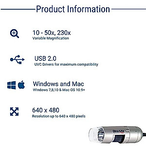 Dino-Lite USB Digital Microscope AM3111-0.3MP, 10x - 50x, 230x Optical Magnification, 8 LEDs