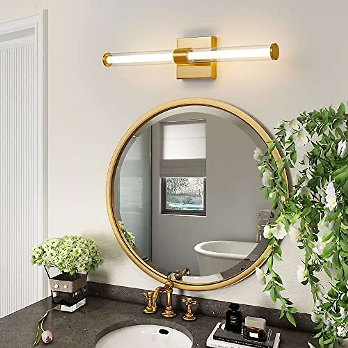 Gold Bathroom Vanity Light Fixtures, LED Brass Wall Sconce Over Mirror with Clear Glass Shade 30.31 Inch 18W 4000K 360° - Vanity Lights for Bathroom Bar Living Room