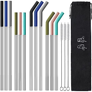 12-Pcs Reusable Metal Straws with Silicone Tips, Stainless Steel Drinking Straws with 3 Cleaning Brushes & 1 Portable Bag- Perfect for 30 oz and 20 oz Tumblers