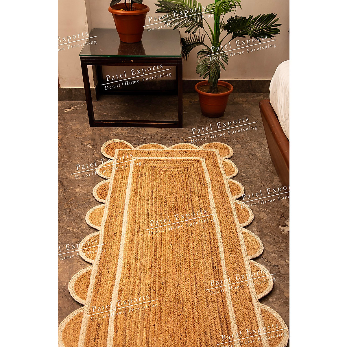 PATEL EXPORTS Natural Jute Scalloped Rug, Bohemian Area Rug, Boho Décor Indoor Outdoor Jute Rug, Handwoven Hallway Runner Rug, Custom Rug (2'6"x10')
